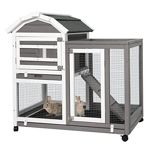 Gowoodhut Rabbit Hutch Two Story Outdoor Bunny Hutch Removable Rabbit Cage with Run Indoor Rabbit House with 2 Deeper No Leak Trays,Asphalt Roof