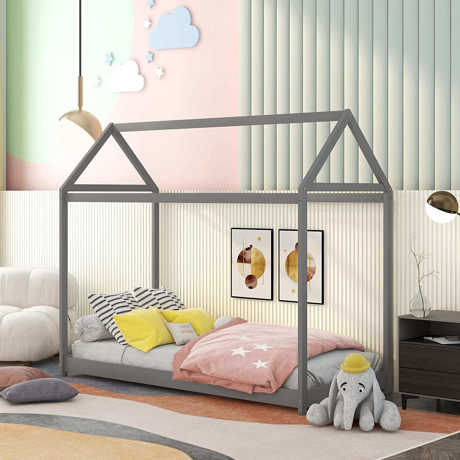 House Twin Bed Frame Wooden Platform Bed for Kids,No Box Spring Needed, Gray