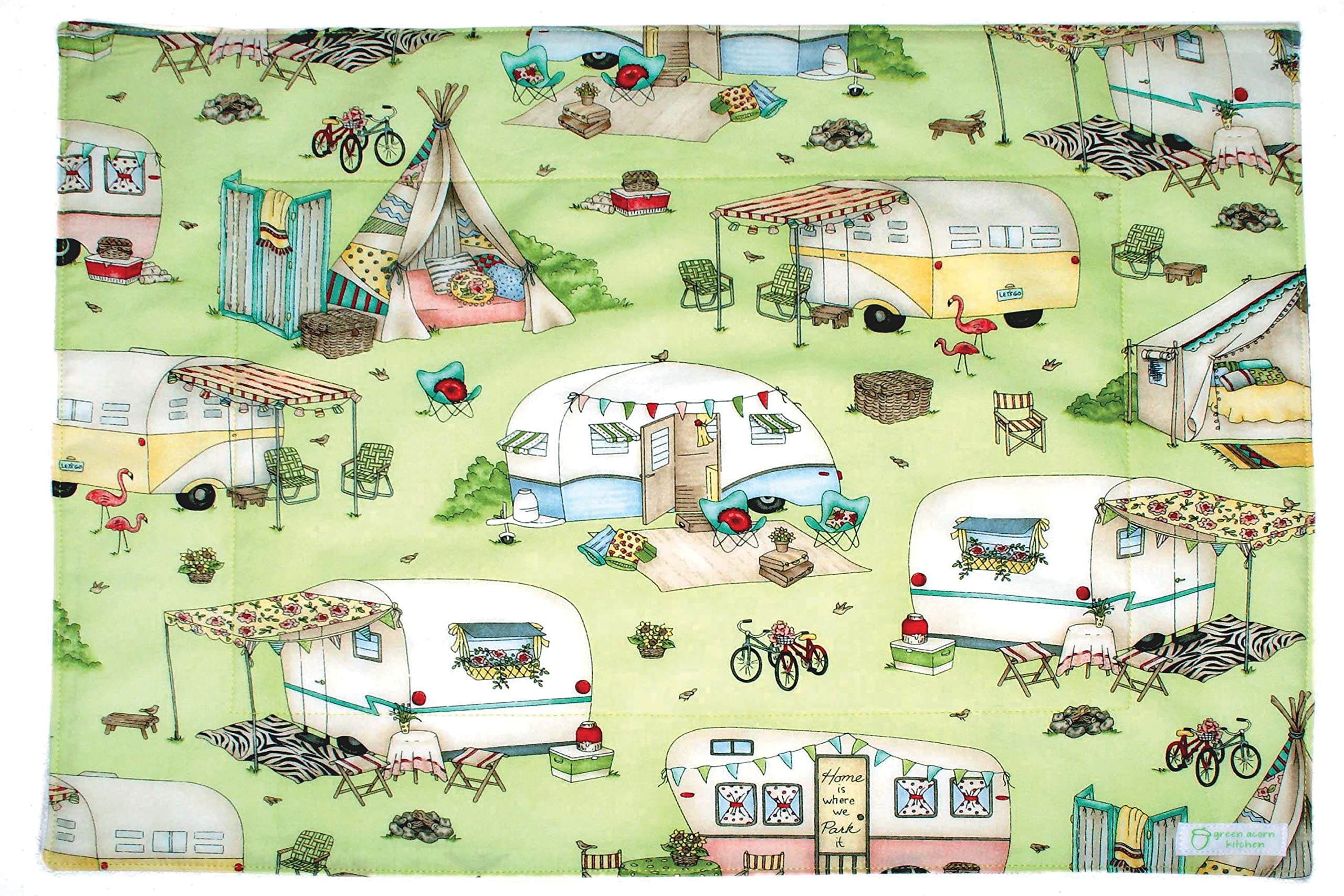 Camping Scenes on Green Coffee Station Mat - Dish Drying Mat - Pet Placemat - Appliance Mat - Camper Mat - 16 x 20 Inches - Handmade by Green Acorn Kitchen