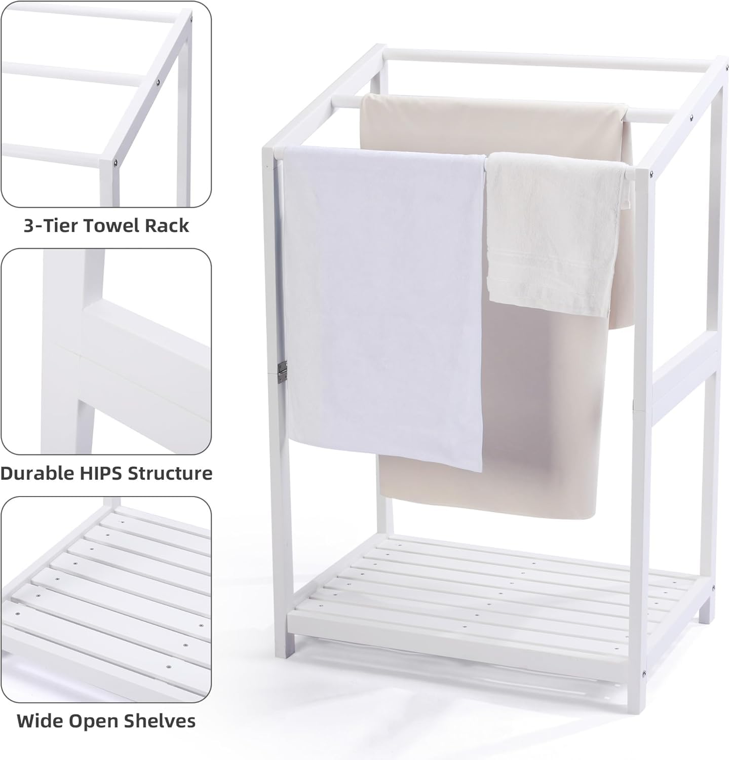 EFURDEN Pool Towel Rack, 3 Tier Freestanding Poly Lumber Towel Holders, Blanket Drying Stand Holder with Bottom Storage Shelf for Swimming Pool, Outdoor, Bathroom, White