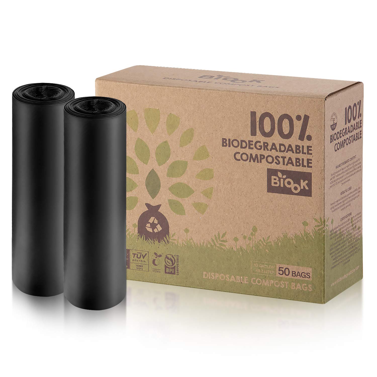 BIOOK Compostable Dog Poop Bags, 50 Count, 50 Liters Capacity, Made from PLA+PBAT, Biodegradable, Easy Detachment, Thickness, and Storage