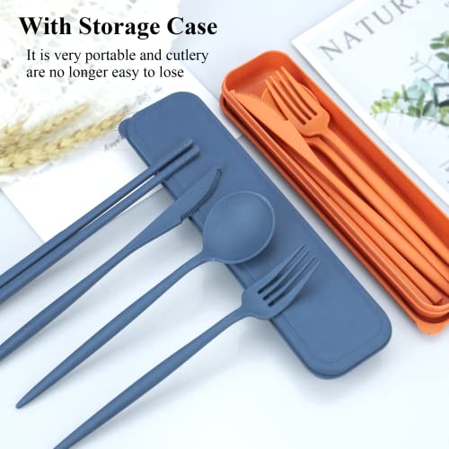 Reusable Travel Utensils with Case, 4 Sets Wheat Straw Portable Cutlery Set Chopsticks Knives Fork and Spoon Set for Lunch Box Accessories, Camping Utensil Set Flatware Sets for Daily Use or Outdoor
