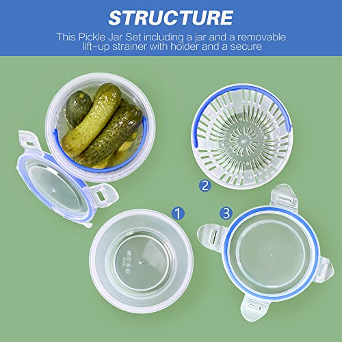KIKINIKO Pickle Jar 24 oz pickle container with strainer Pickle Holder Keeper Lifter, pickle storage container pickle strainer,Flip Jar with Leak Proof and Lock It Lid