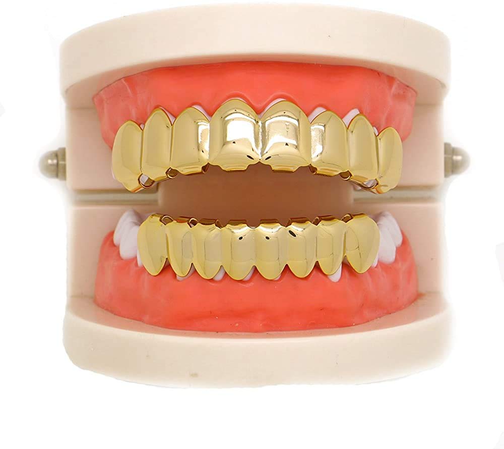canjoyn 8 Teeth Grillz 18K Gold Top and Bottom Grills Set Shiny Hip Hop Teeth Grillz + Extra Molding Bars