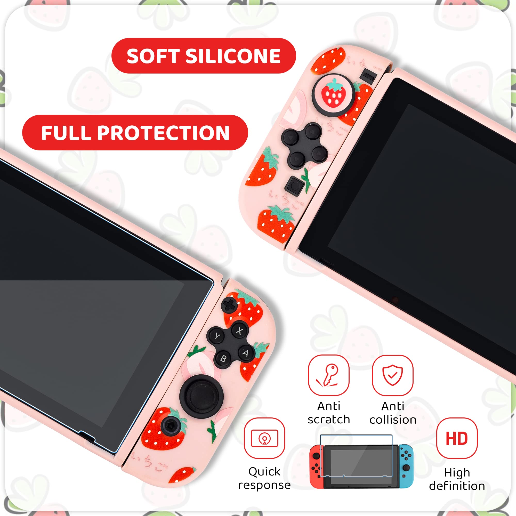 RHOTALL Cute Strawberry Carrying Case for Nintendo Switch, Hard Portable Travel Case for Switch Accessories with Protective Shell, Shoulder Strap, Game Card Case, Screen Protector and 2 Thumb Caps