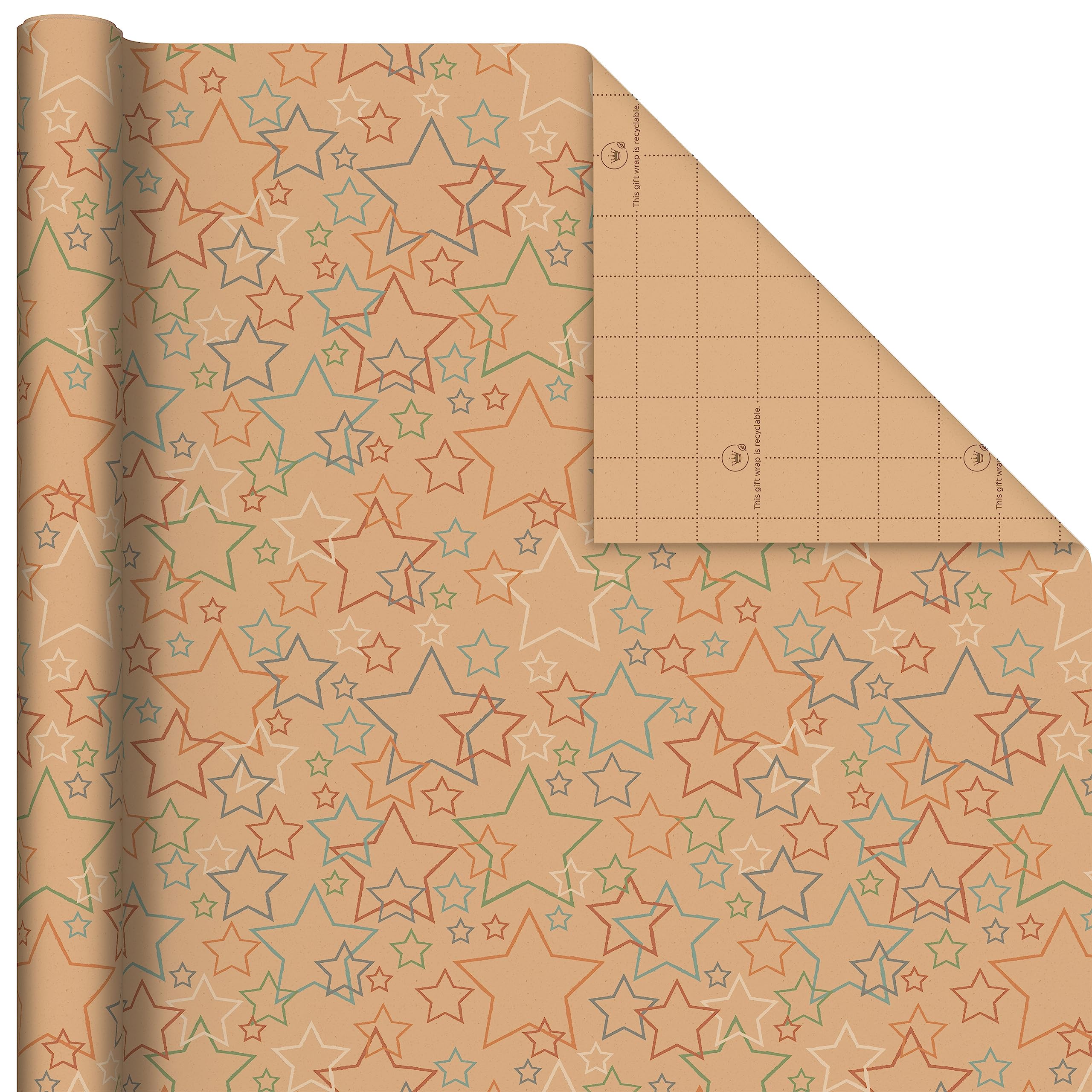 Hallmark Recyclable Wrapping Paper with Cutlines on Reverse (3 Rolls: 60 sq. ft. ttl) Rainbow Stripes, Celebrate, Stars on Kraft Brown for Birthdays, Graduations, Kids Parties