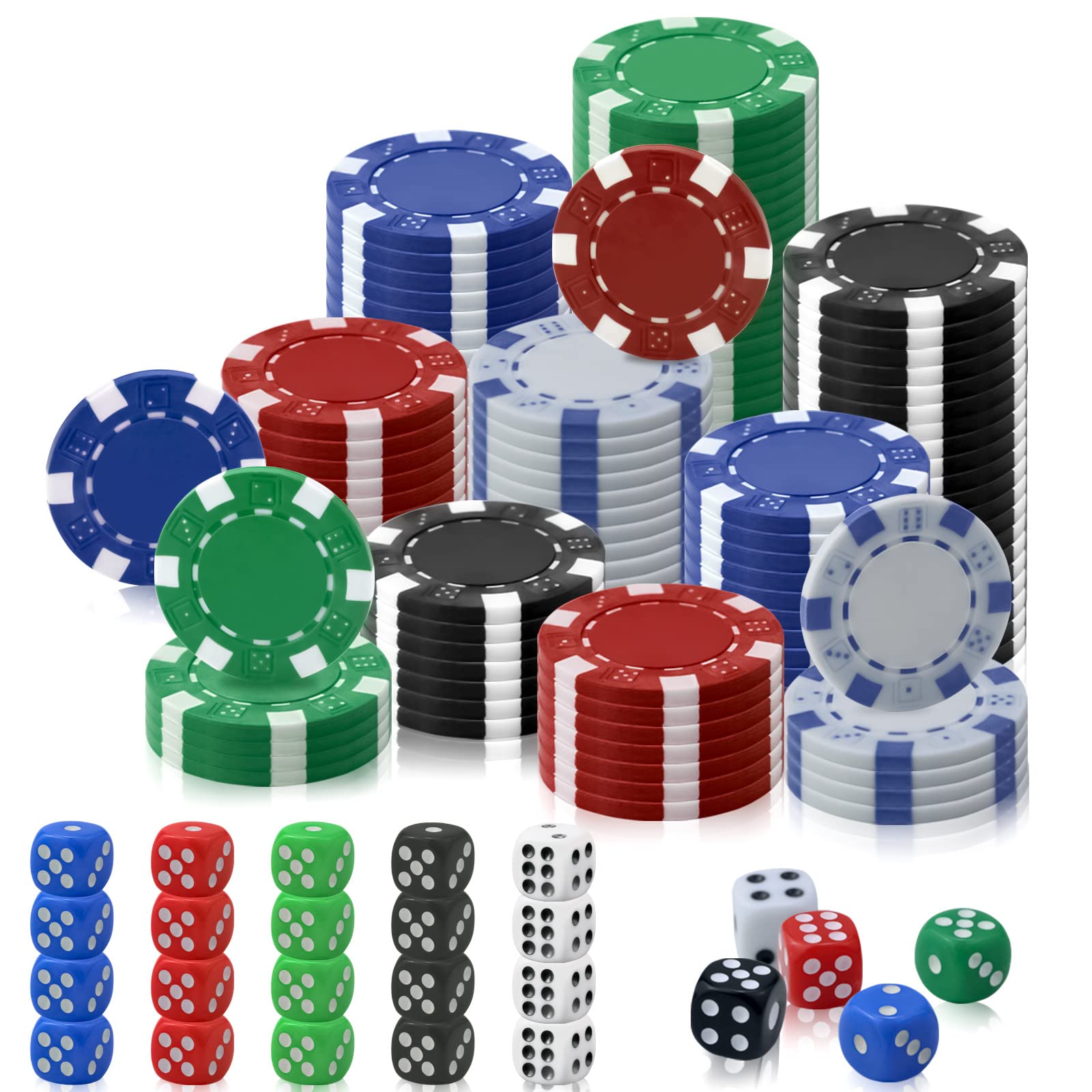 Vmiapxo 105 Pcs Poker Chip Set, 5 Color Professional Casino Poker Chips 6 Sided Colorful Assorted Dice for Card Board Game