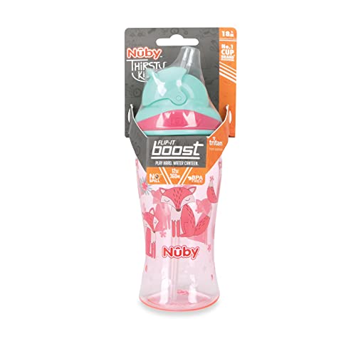 Nuby Thirsty Kids No-Spill Flip-it Printed Boost Cup with Thin Soft Straw - 12oz, 18+ Months, 1 Pack Print May Vary