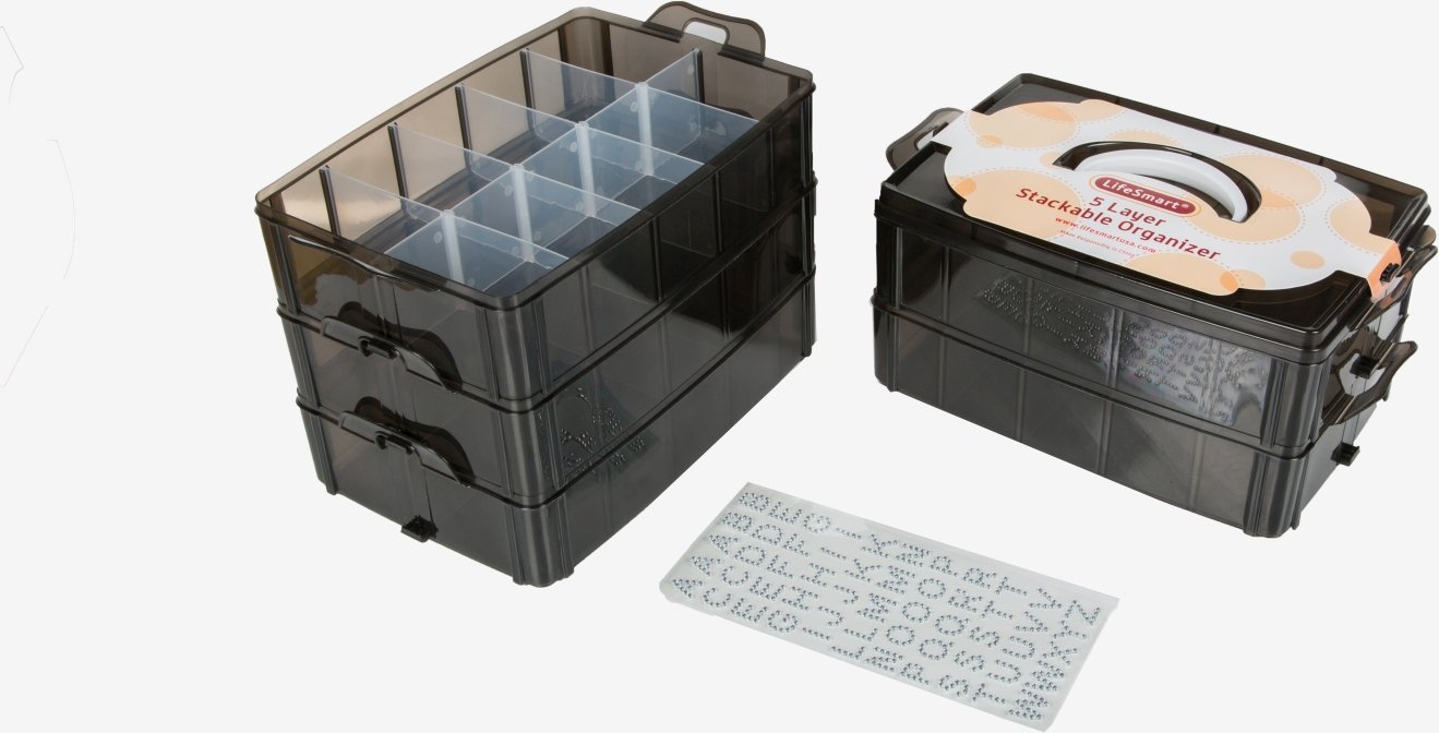 LifeSmart USA Stackable Storage Container Black 50 Adjustable Compartments Compatible with Lego Dimensions LOL Surprise Littlest Pet Shop Arts and Crafts and More (5 Tier)