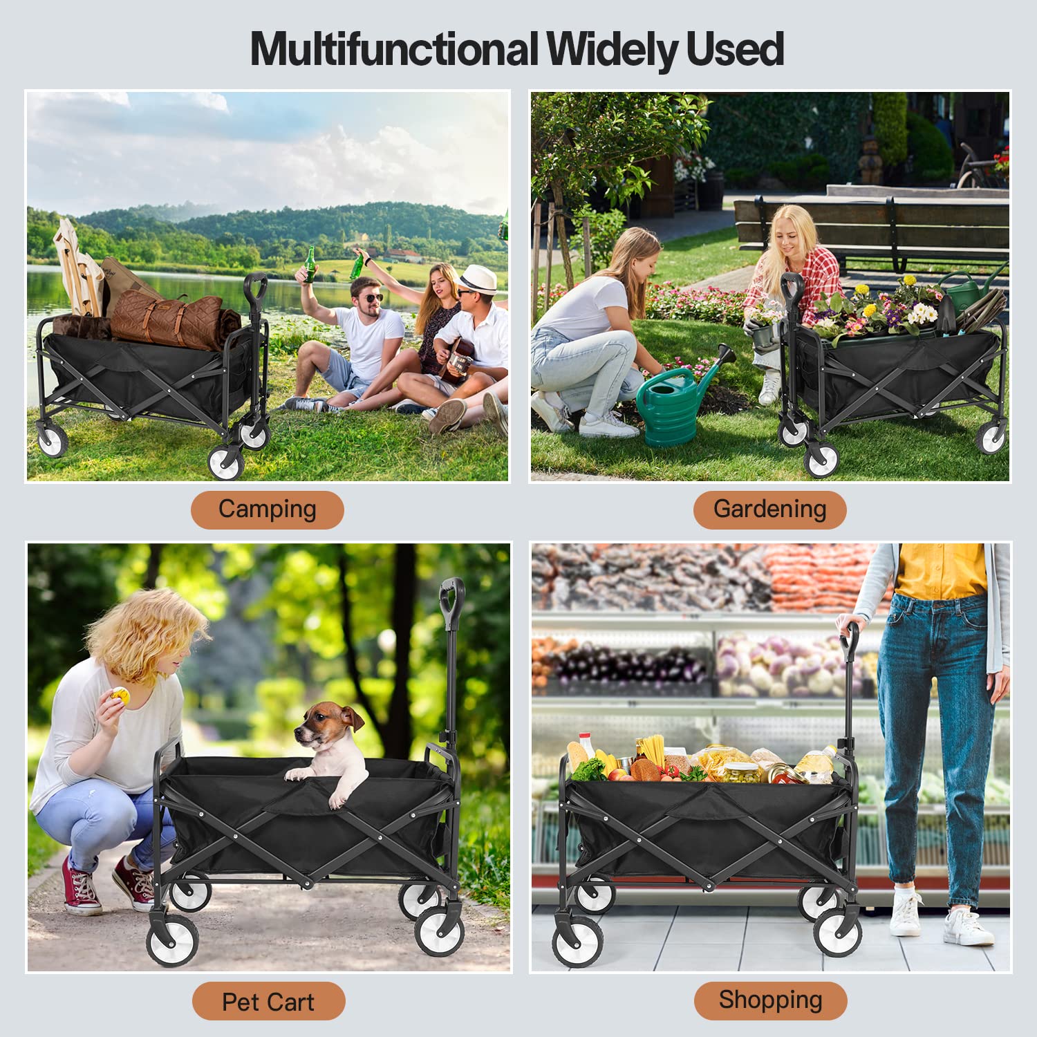 Collapsible Folding Wagon, LUBBYGIM Outdoor Utility Wagon Cart Heavy Duty Foldable with Universal Wheels & Adjustable Handle, Foldable Grocery Wagon for Garden Camping Shopping Sports