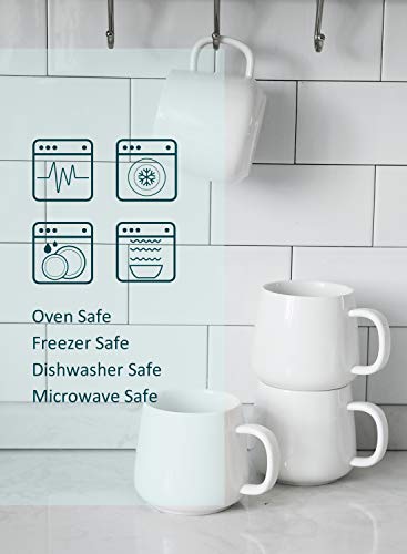 Porcelain Coffee Mugs Set of 4-12 Ounce Cups with Handle for Hot or Cold Drinks like Cocoa, Milk, Tea or Water - Smooth Ceramic with Modern Design, White