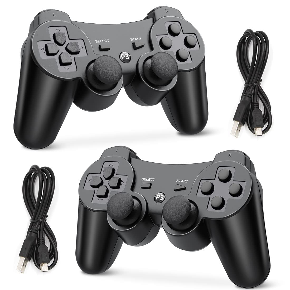 Wireless Controller for PS3, Controller for Playstation 3, Wireless Bluetooth Gamepad with USB Charger Cable for PS3 Console, 2 Pack(Black)