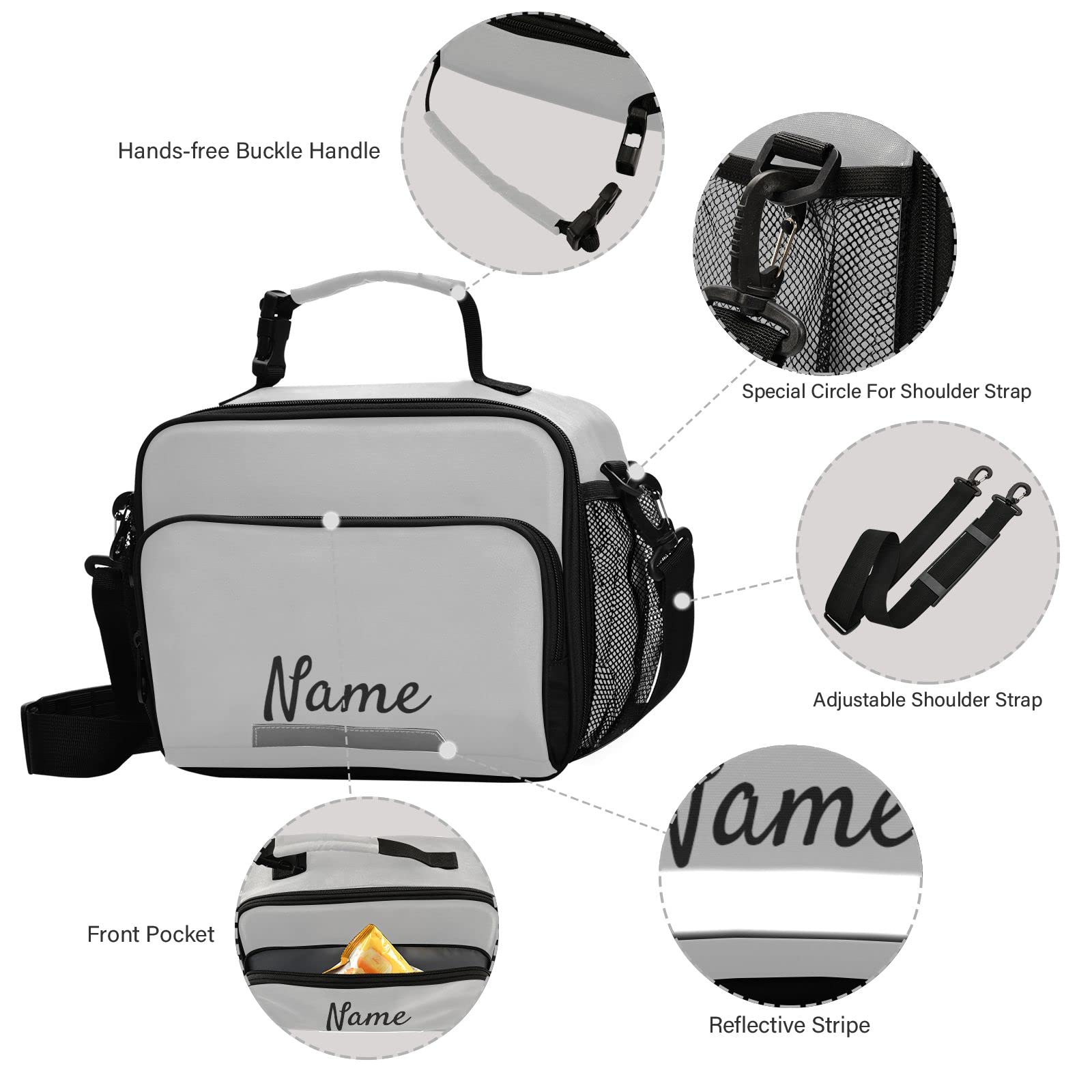 Custom Grey Kids Lunch Bag personalized your name Insulated Lunch Bags Reusable Lunch Box Lunch Tote Bag for School Office Work Picnic