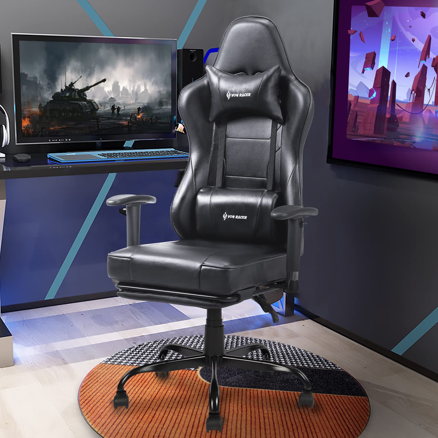 VON RACER Massage Gaming Chair with Footrest - Racing Desk Office Chair with Retractable Footrest and 2D Armrests, High Back Ergonomic Leather Computer Chair(Classic Black)