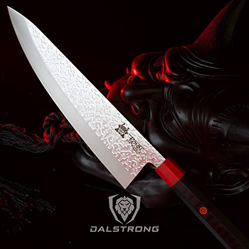 Dalstrong Chef Knife - 9.5 inch - Ronin Series - Double Bevel Blade Razor Sharp - Japanese AUS-10V Super Steel - Damascus Chef's Knife - G10 Handle Kitchen Knife - Black Acacia Wood Sheath