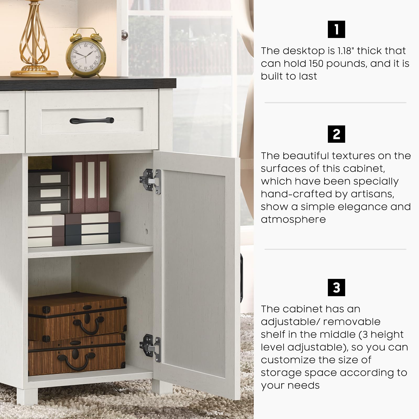 Farmhouse 61" Executive Desk with Hutch,Office Desk with 5 Drawers, Computer Desk with Storage Cabinet & File Drawers and Charging Station, Wood Workstation for Home Office and Study