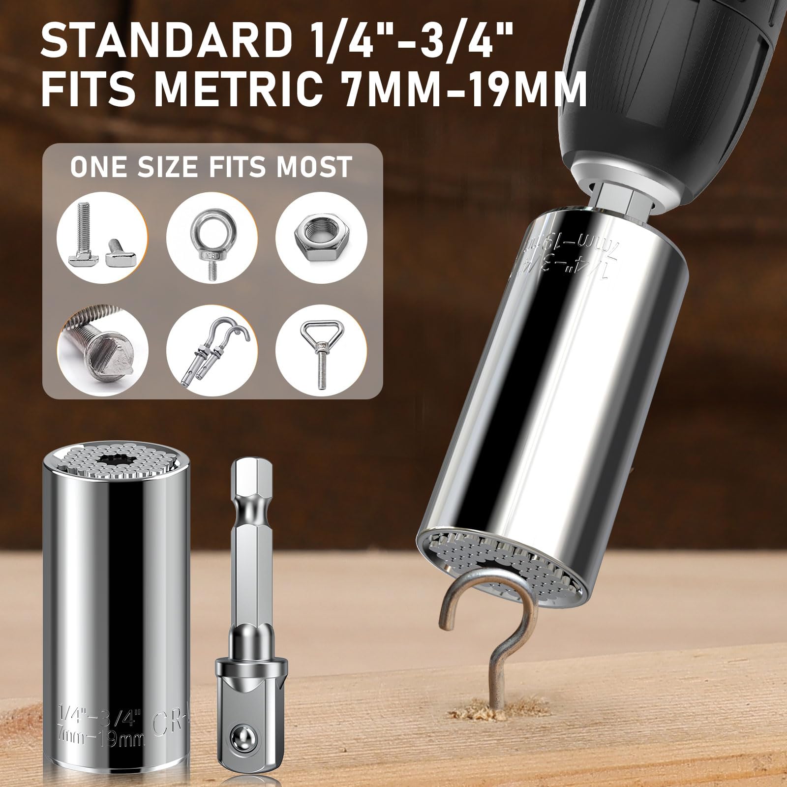 Valkynos Universal Socket Wrench, Cool Stuff Universal Socket Tool with Power Drill Adapter (7-19mm), 1/4 Bit Holder Tool Organizer Drill Bit Holder Key Chain Gadgets for Men