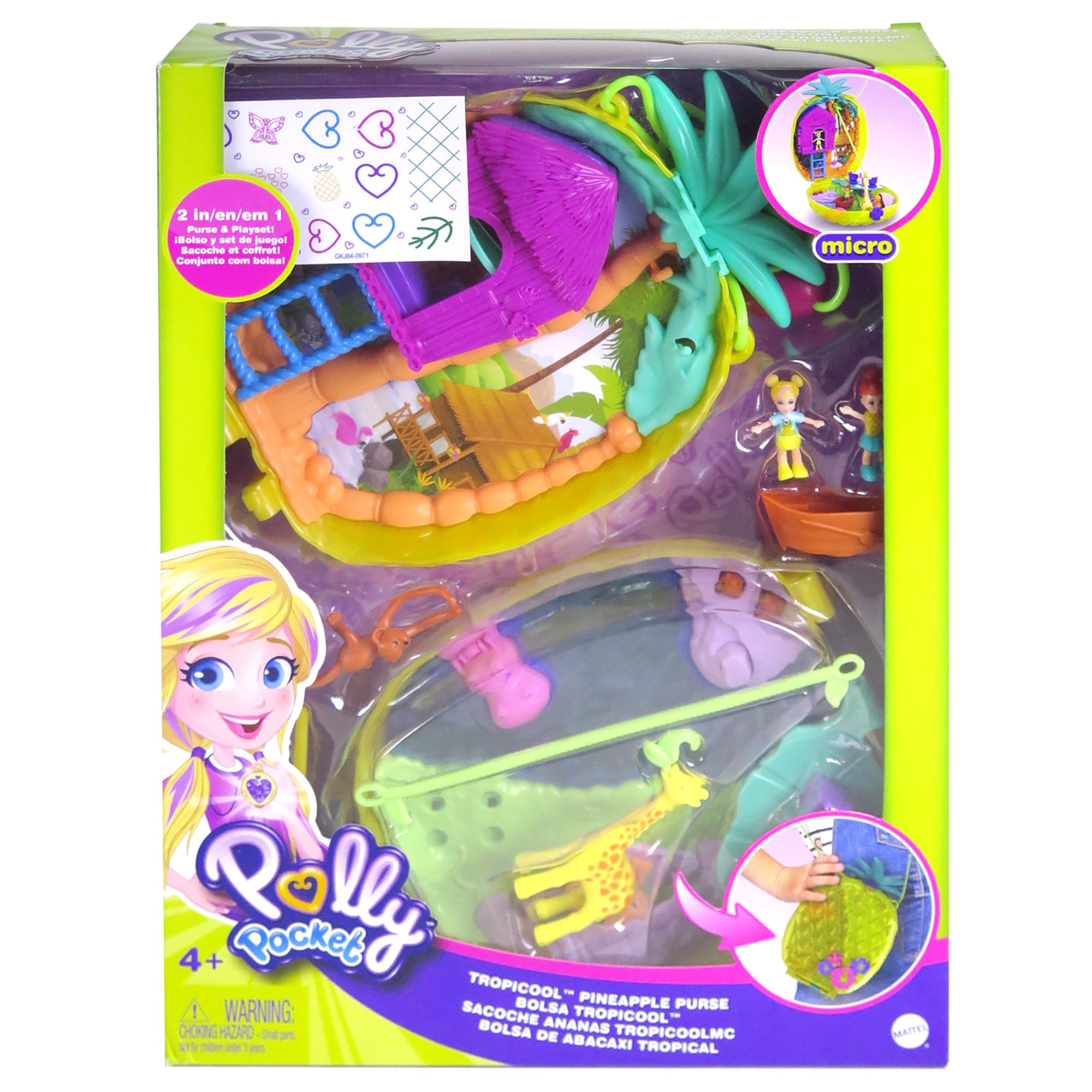 Polly Pocket Dolls & Accessories, 2-in-1 Travel Toy, Pineapple Purse Playset with Micro Polly & Lila Dolls