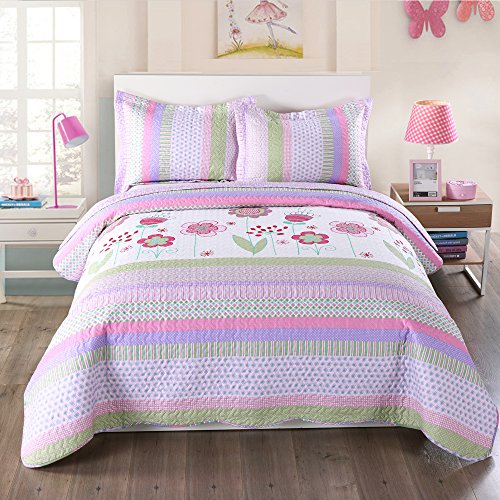 MarCielo 3 Piece Kids Bedspread Quilts Set Throw Blanket for Teens Girls Bed Printed Bedding Coverlet, Full Size, Purple Floral Striped (Full)
