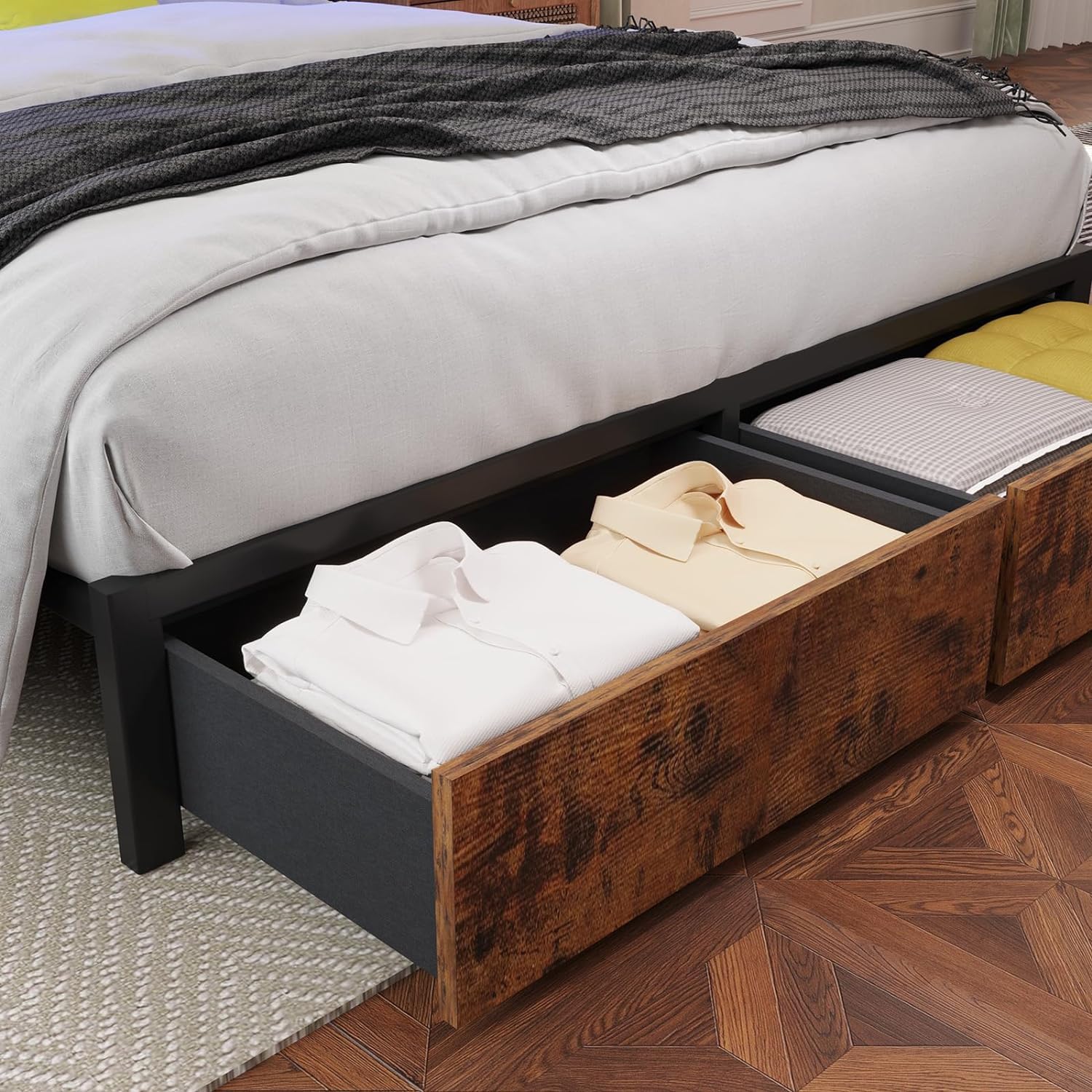 Farmhouse Queen Bed Frame with Bookcase Headboard and Storage Drawers, Charging Station and RGB LED Lights, No Box Spring Needed, Noise Free, Vintage Brown