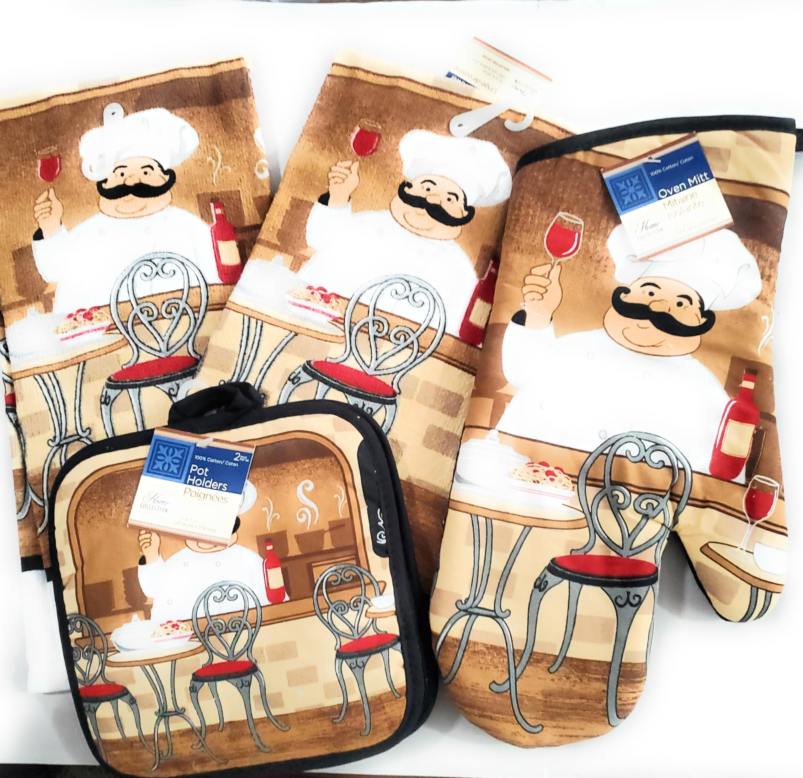 Collection Italian Chef Decor 5 Piece Printed Kitchen Linen Set Includes 2 Towels 2 Pot Holders 1 Oven Mitt