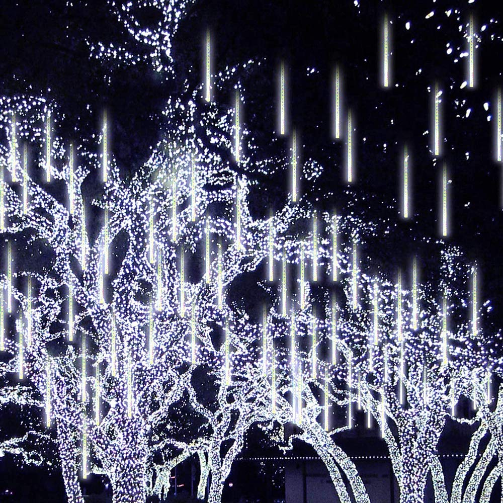 WISEFIN Meteor Shower Rain Lights 30CM 10 Spiral Tubes 192LEDs Cascading Rain Lights for Wedding Christmas Garden Tree Home Décor(White)