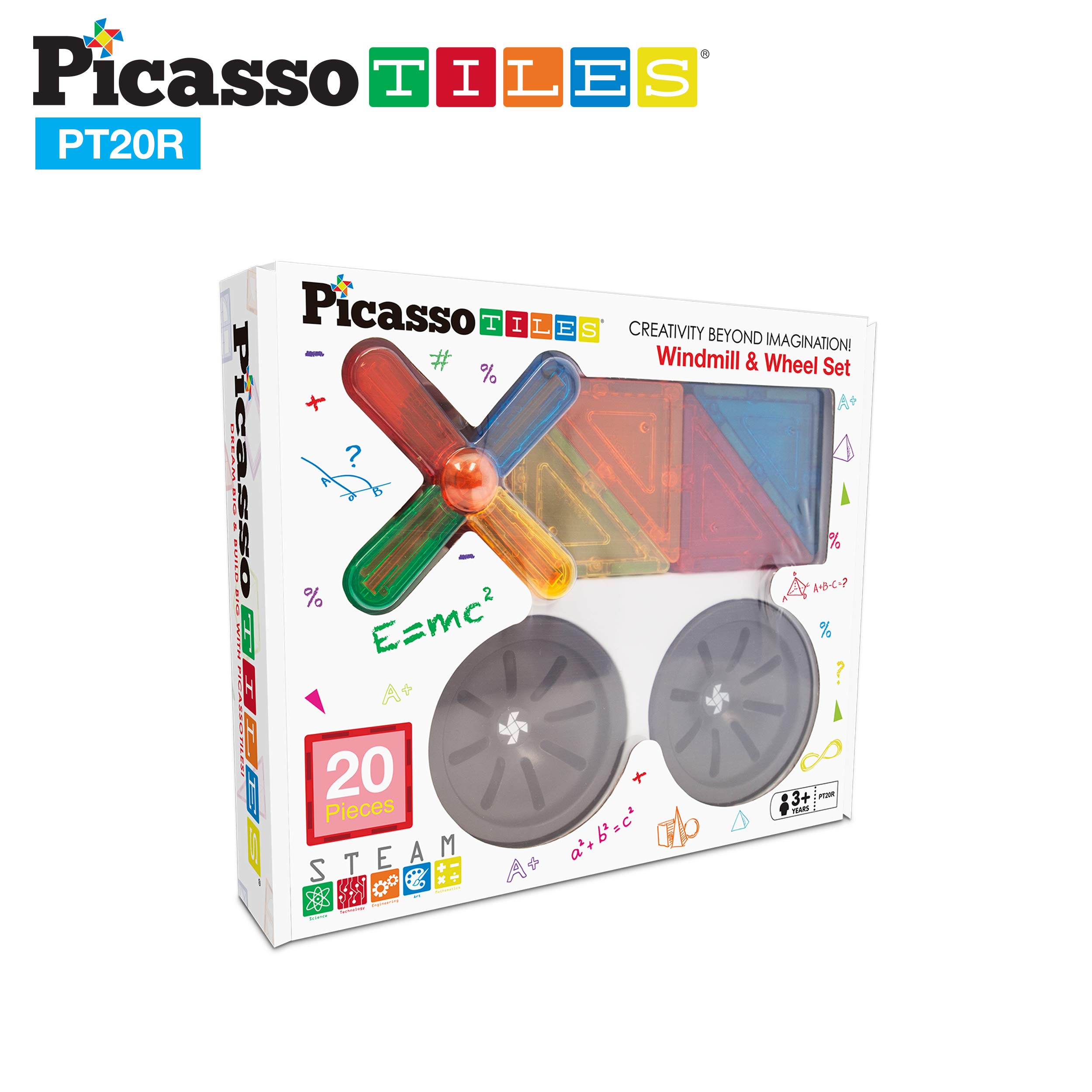 PicassoTiles 20 Piece Magnetic Building Blocks with Detachable Wheels and Windmill Click-in Inserts Magnet Construction Toy Car Set STEM Learning Kit Educational Playset Child Brain Development PT20R