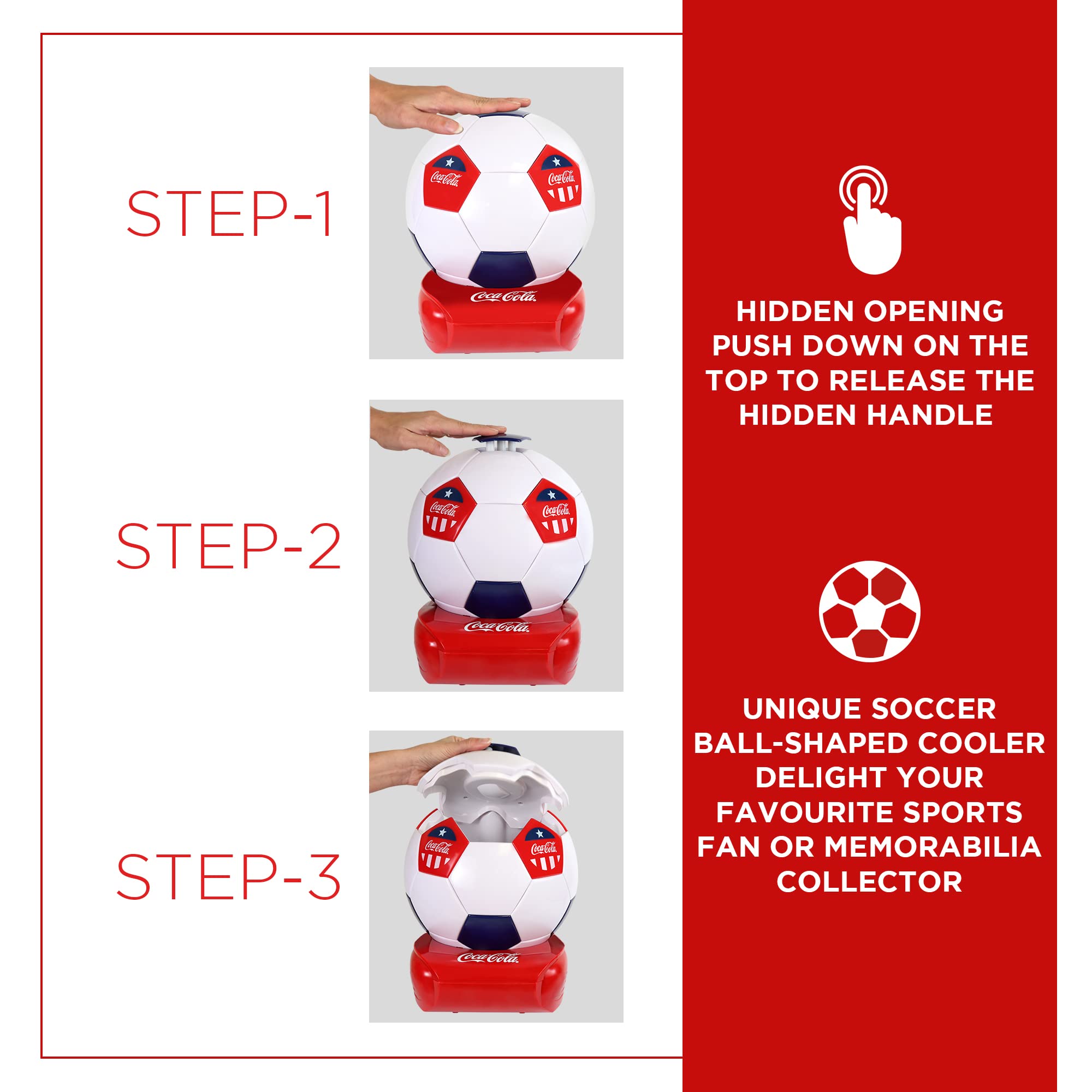 Coca-Cola Soccer Ball Mini Fridge, 5 Can Beverage Cooler with Hidden Opening, White Red Black, Unique Accessory for Den, Games Room, Man-Cave, Dorm, Sports Fans, Students