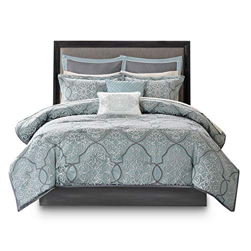 Madison Park Lavine Cozy Bed in a Bag Comforter Set, Traditional Luxe Jacquard Design All Season Down Alternative Bedding with Cotton Bed Sheets, Bed Skirt & Pillows, Queen Blue 12 Piece