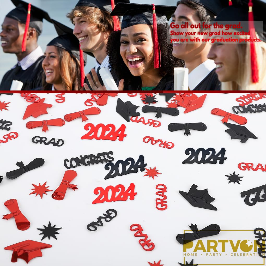 Graduation Confetti 2024, Black Red Decor Graduation Party Supplies，Class of 2024 Decorations Table Confetti for Kindergarten Preschool High School College