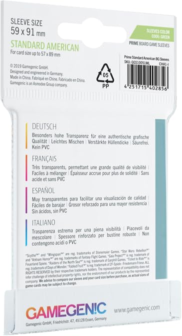 Prime Board Game Sleeves | Pack of 50 Extra-Clear Sleeves | 59 by 91 mm Card Sleeves Optimized for Standard American Card Games | Premium Card Protection | FFG Green Color Code | Made by Gamegenic