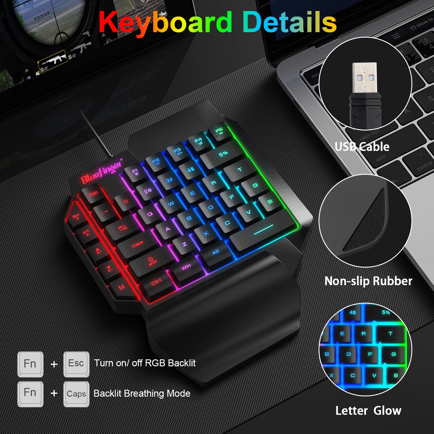 BlueFinger RGB One Hand Mechanical Gaming Keyboard and Backlit Mouse Combo,USB Wired Rainbow Letters Glow Single Hand Mechanical Keyboard with Wrist Rest Support, Gaming Keyboard Set for Game