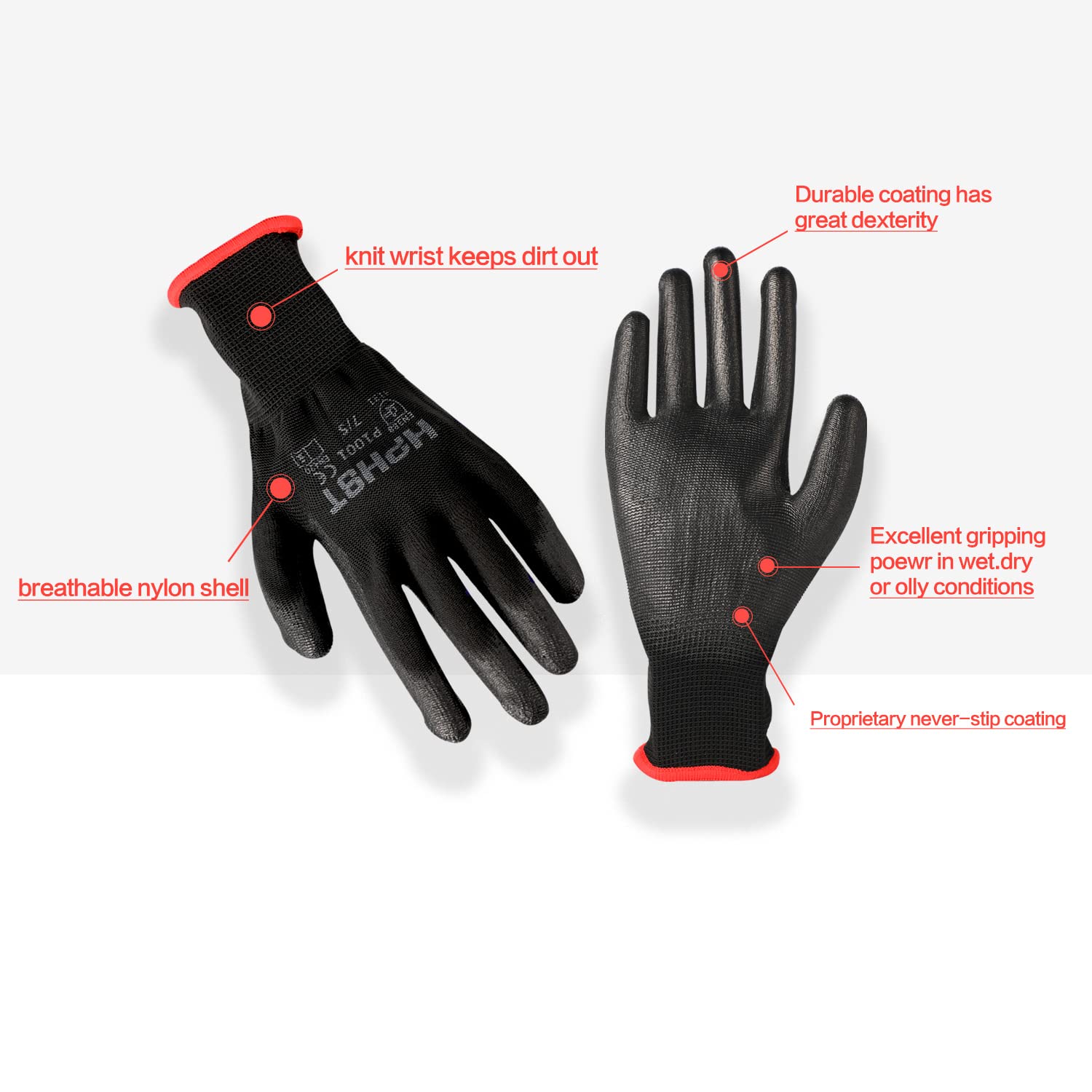 HPHST PU Coated Safety Work Gloves, 12 Pairs Work Gloves Mechanic Working Seamless Knit Glove for Men Women with Polyurethane Coated Smooth Excellent Grip on Palm&Fingers - Black (Large)