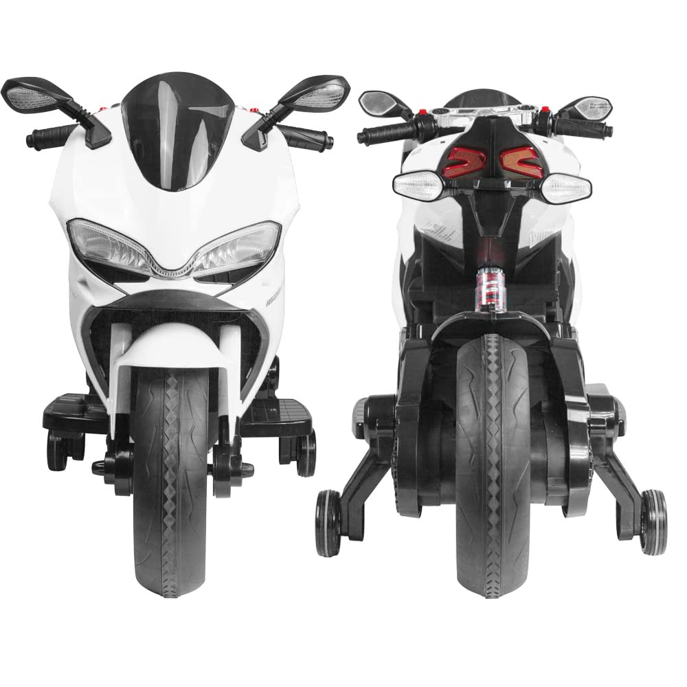 Ride On Toys Kid Motorcycle 12V 7AH Battery with Slow Start Function, Safety, High and Low Speed,Leather Seat Plastic Wheels with LED Lights, Have MP3 Player Function (White)