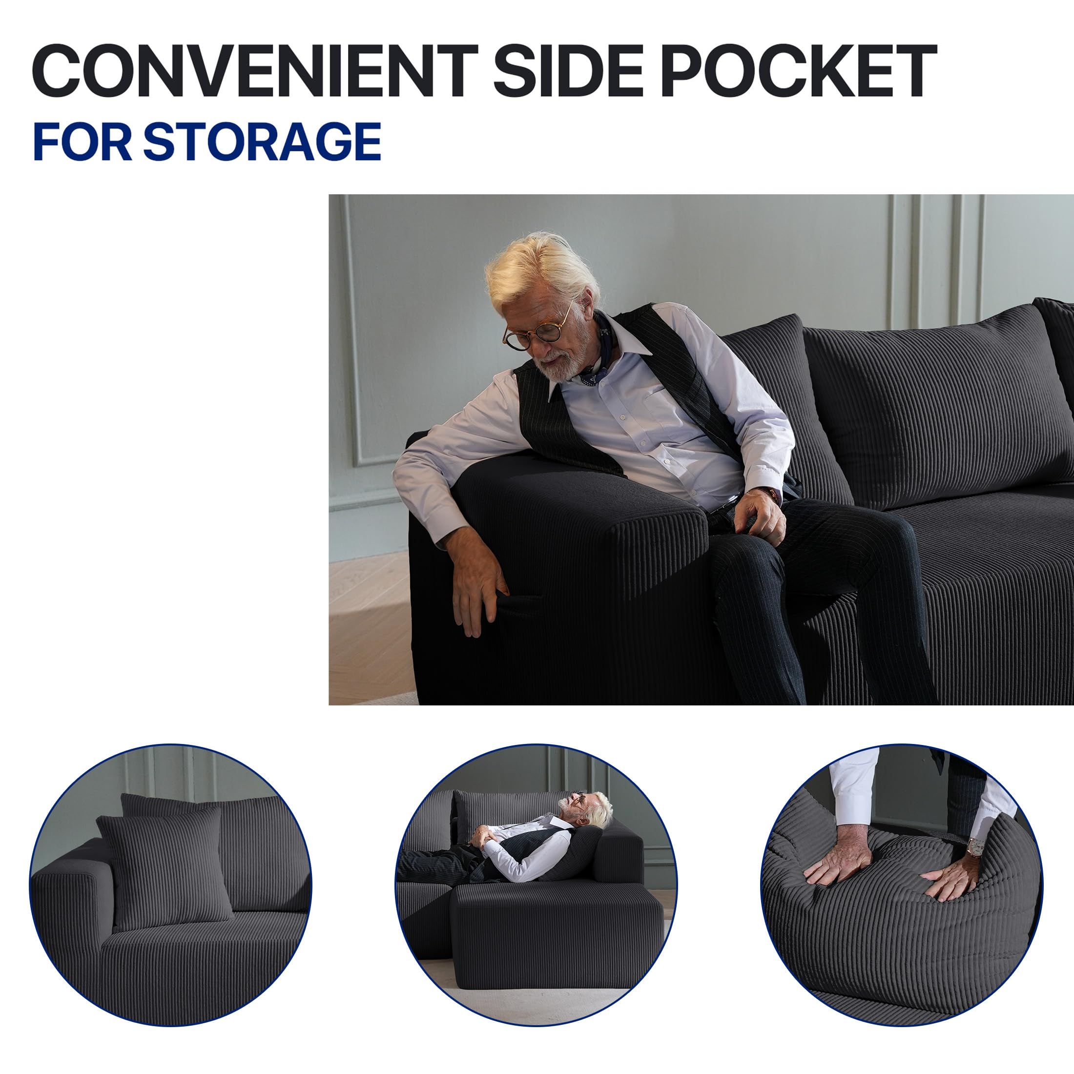 FOCALSWEET 105'' Sectional Sofa, Cloud Couch with L-Shape Chaise, Modern Modular Couches with Deep Seat, No Assembly High-Density Sponge Corduroy Fabric Sofa with 5 Pillows for Living Room, Black