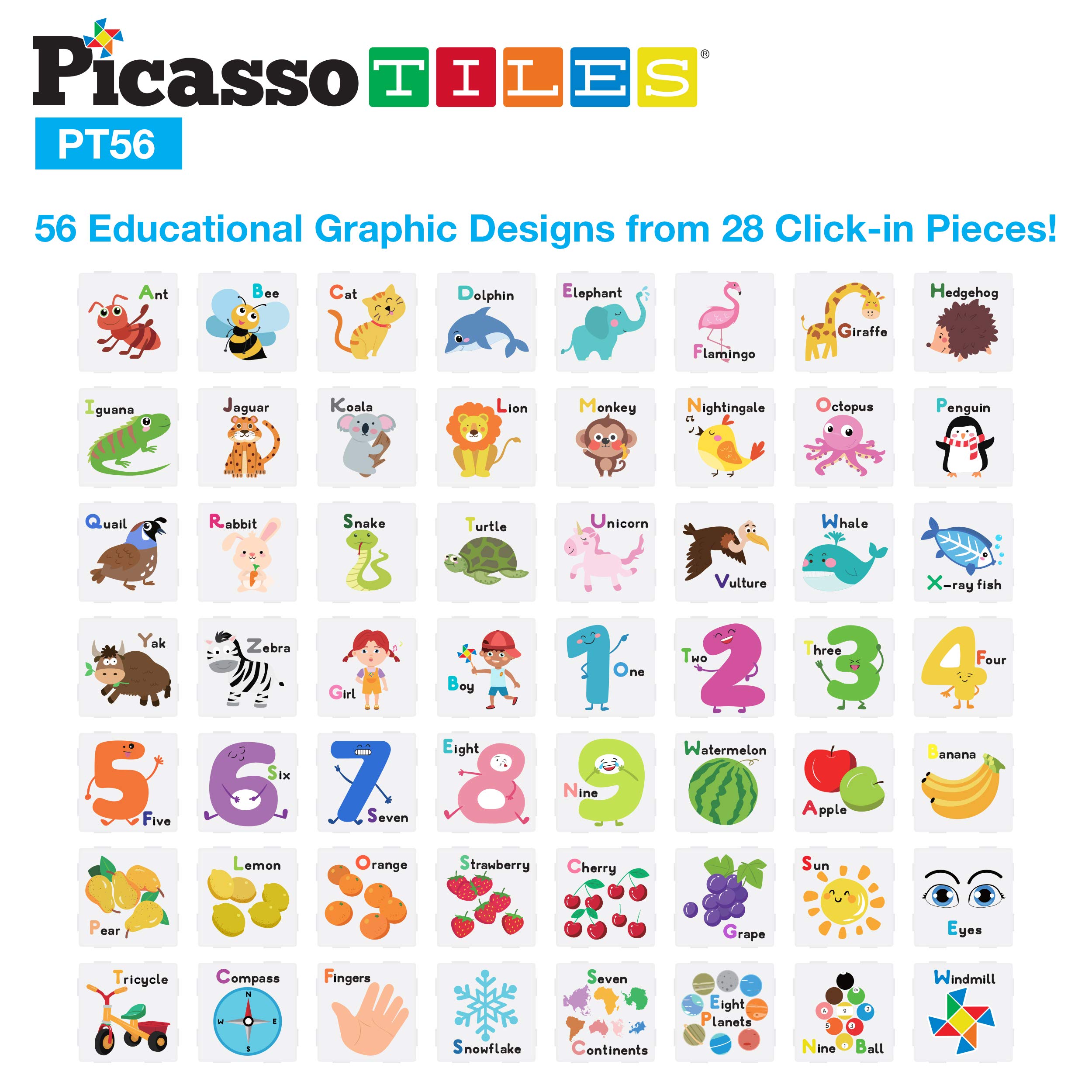 PicassoTiles Magnetic Building Blocks with Tiles and Educational Artwork Graphic Click-in Inserts Magnet Construction Toy Set STEM Learning Kit Playset Child Brain Development PT56