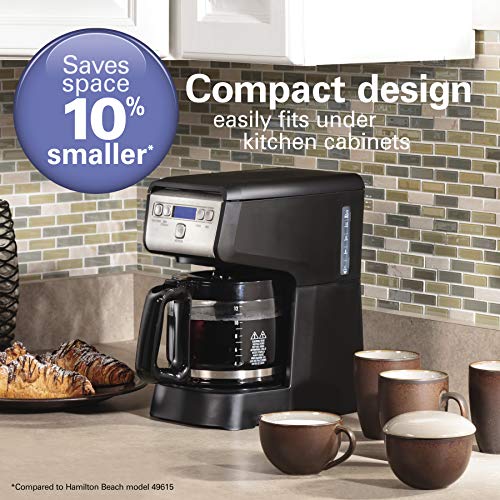 Hamilton Beach 12 Cup Compact Programmable Drip Coffee Maker with No-Drip Burosilicate Glass Carafe, 2-Hour Auto Shutoff, Space-Saving Design, Black with Stainless Steel Accents (46200)