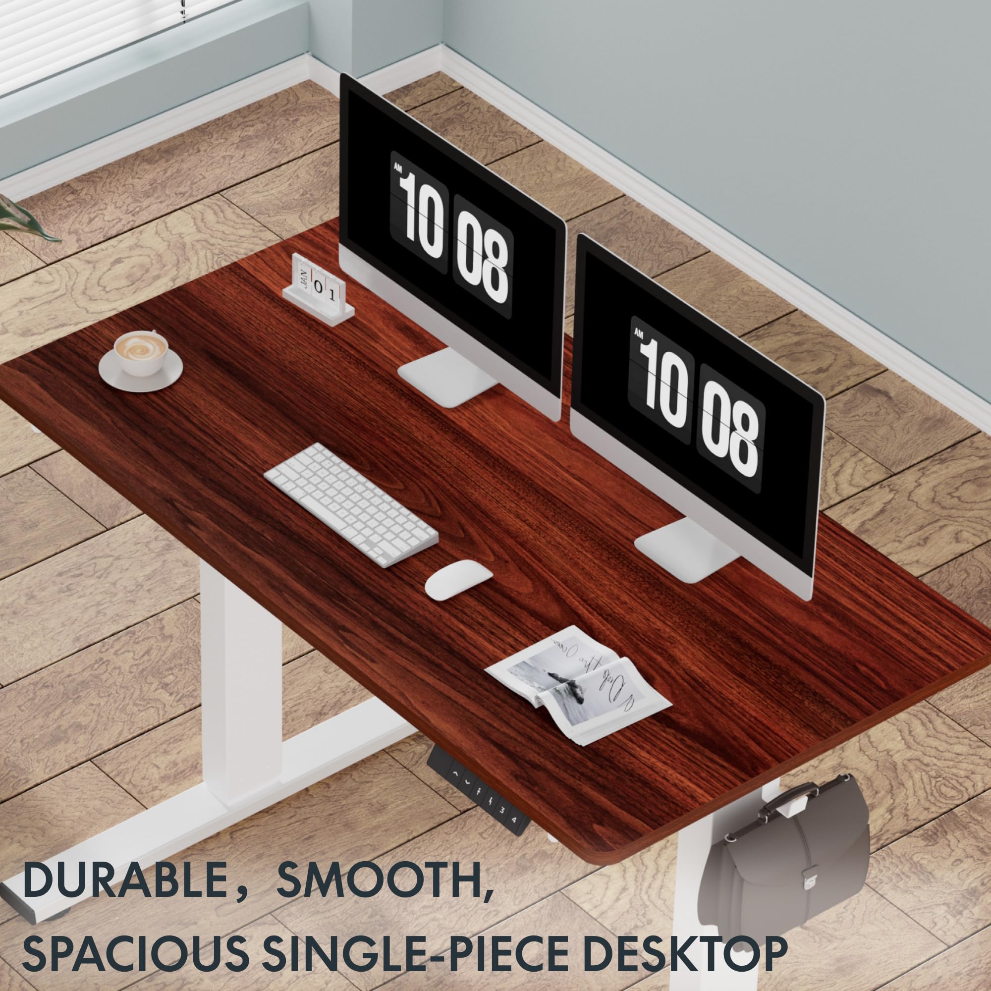 FLEXISPOT EN2 Whole-Piece Standing Desk, 55 x 28 Electric Stand Up Height Adjustable Desk (White Frame + 55" Mahogany Top, 2 Packages)