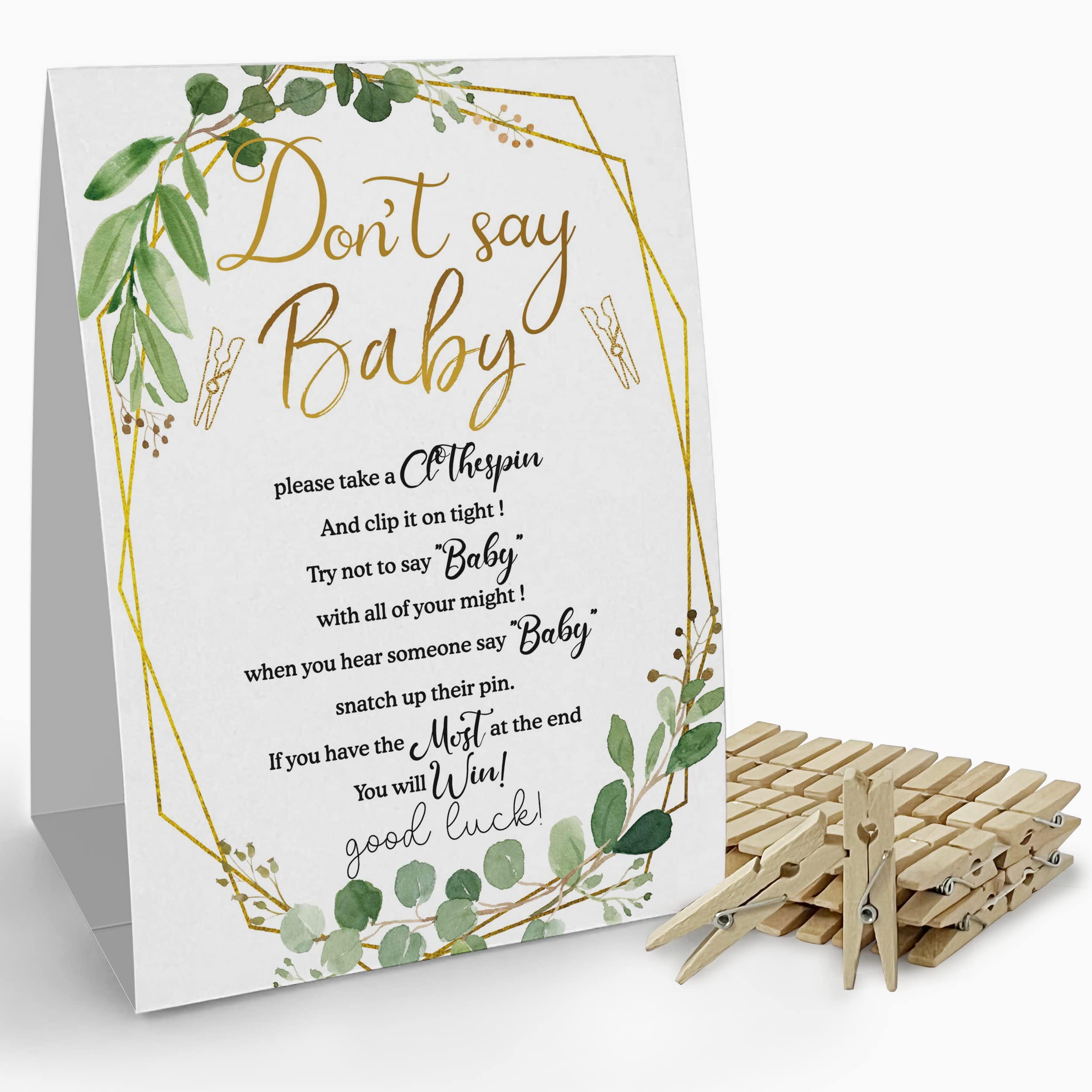 Don't Say Baby Clothespin Games Sign(1 Sign + 50 Mini Clothespins), Green Gold Eucalyptus, Baby Shower Games, Baby Shower Decoration, Gender Neutral Baby Shower-(1A)
