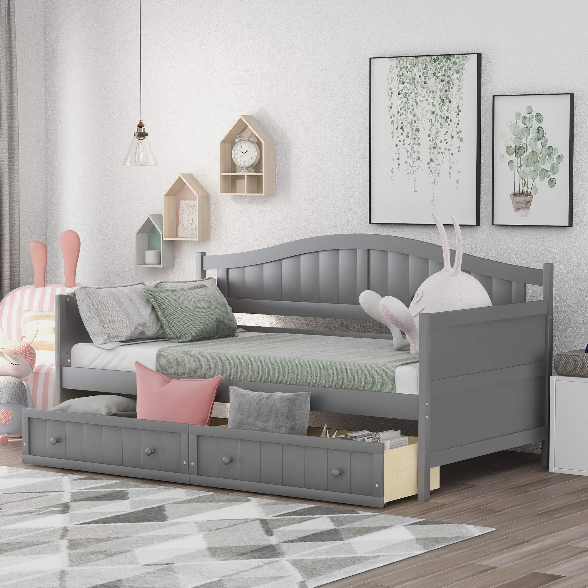 LostCat Twin Size Daybed with 2 Storage Drawers, Solid Wooden Bed Frame, Wood Slat Support, No Box Spring Needed, Easy to Assemble, for Bedroom Living Room, Espresso
