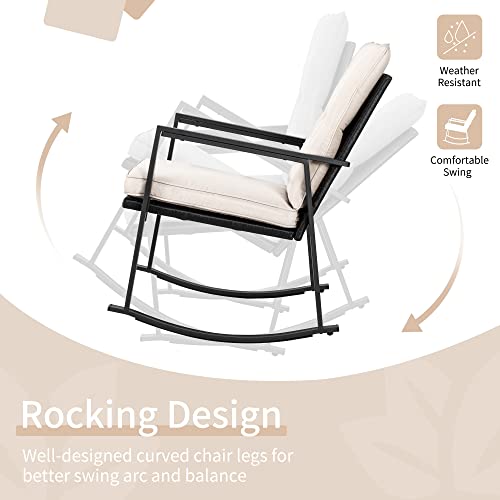 JAMFLY 3-Piece Patio Rocking Bistro Set, Outdoor Wicker Furniture Balcony Porch Chairs Conversation Sets with Glass Coffee Table (Beige)