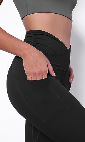 ODODOS Women's Cross Waist Full Length Yoga Leggings with Pockets, Inseam 28" Gathered Crossover Workout Yoga Pants, Black, Medium