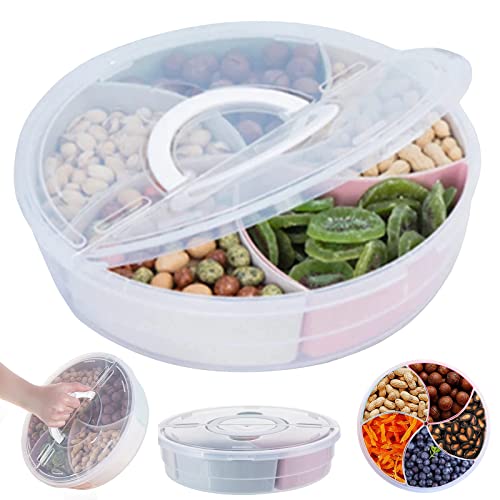 Round Divided Serving Tray Platter with Lid & Handle Storage Container, 5 Colorful Compartment Box Clear Organizer, Compartment Party Platter for Candy, Appetizer, Snack, Fruit, Nuts, Veggie, Parties