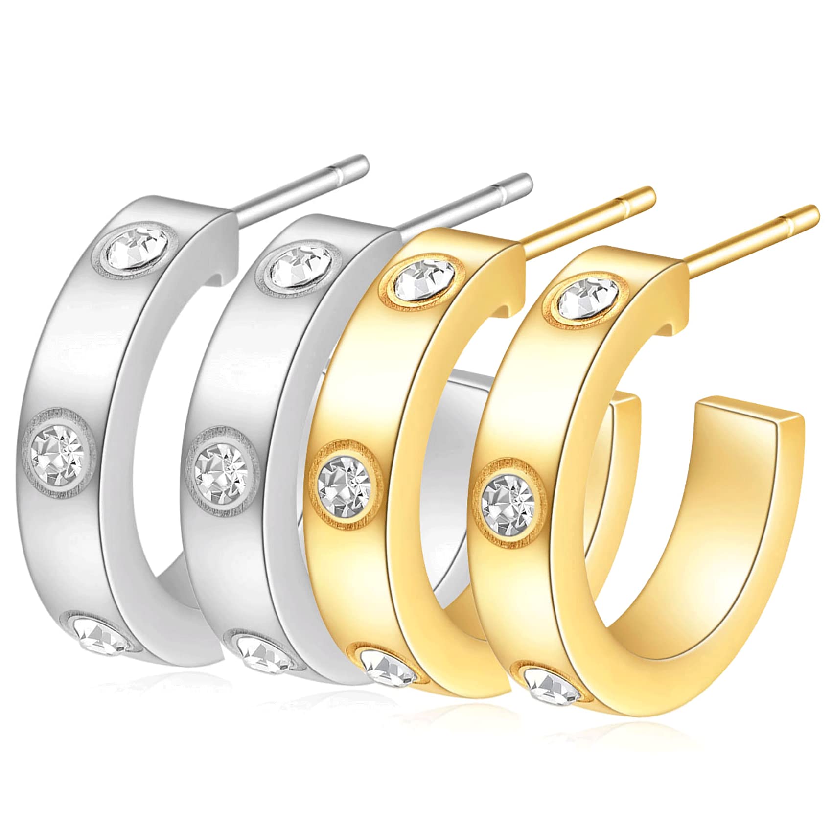 VQYSKO Love Friendship Earrings Gifts for Women Teen Jewelry Gold and Silver Hoop Earrings Stainless Steel Dainty Stud with Cubic Zirconia Stones Present for Her (Gold+Silver)
