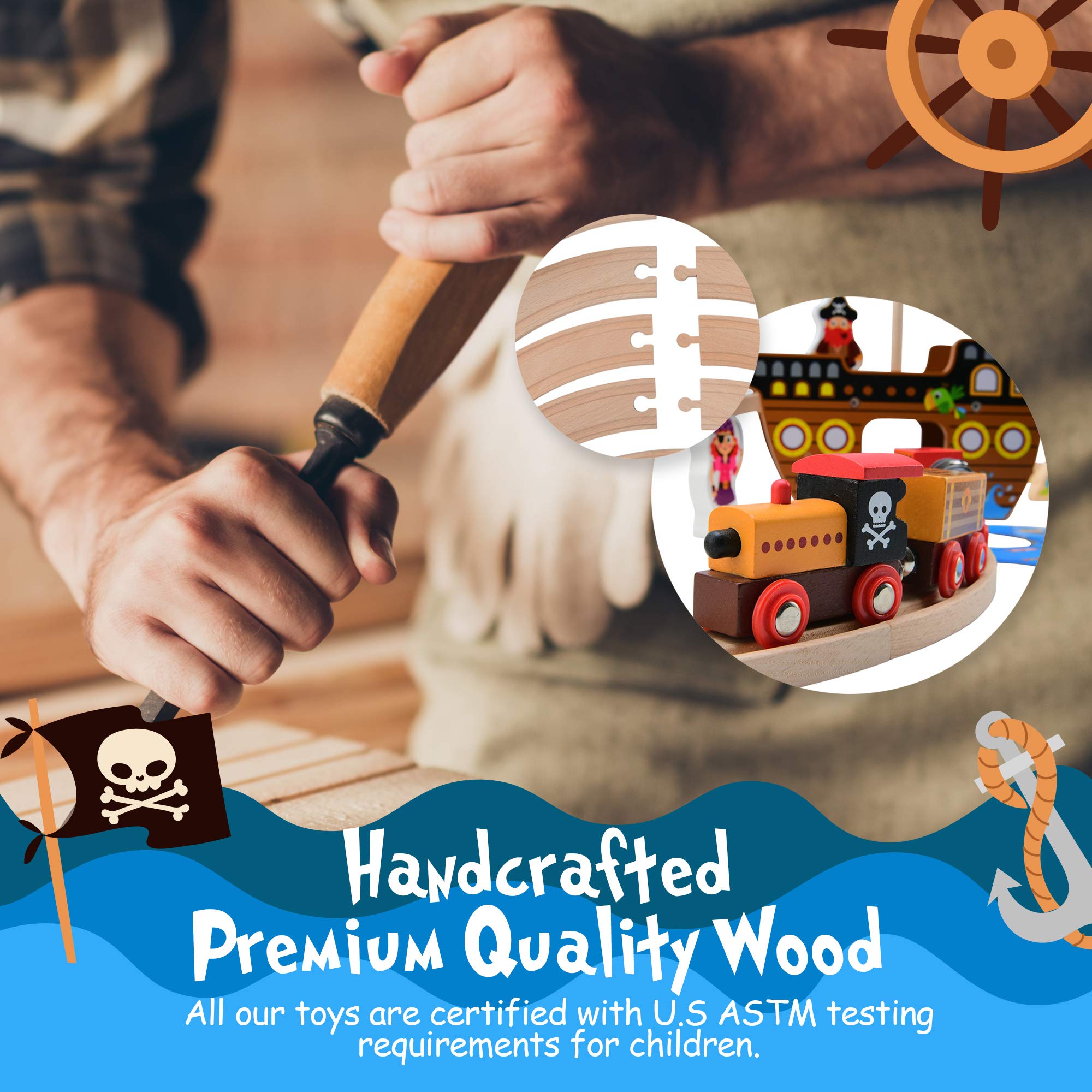 Pidoko Kids Pirate Theme Wooden Train Set - 72 Pcs - Includes Magnet Fishing Poles - Set compatible with all major brand tracks and trains