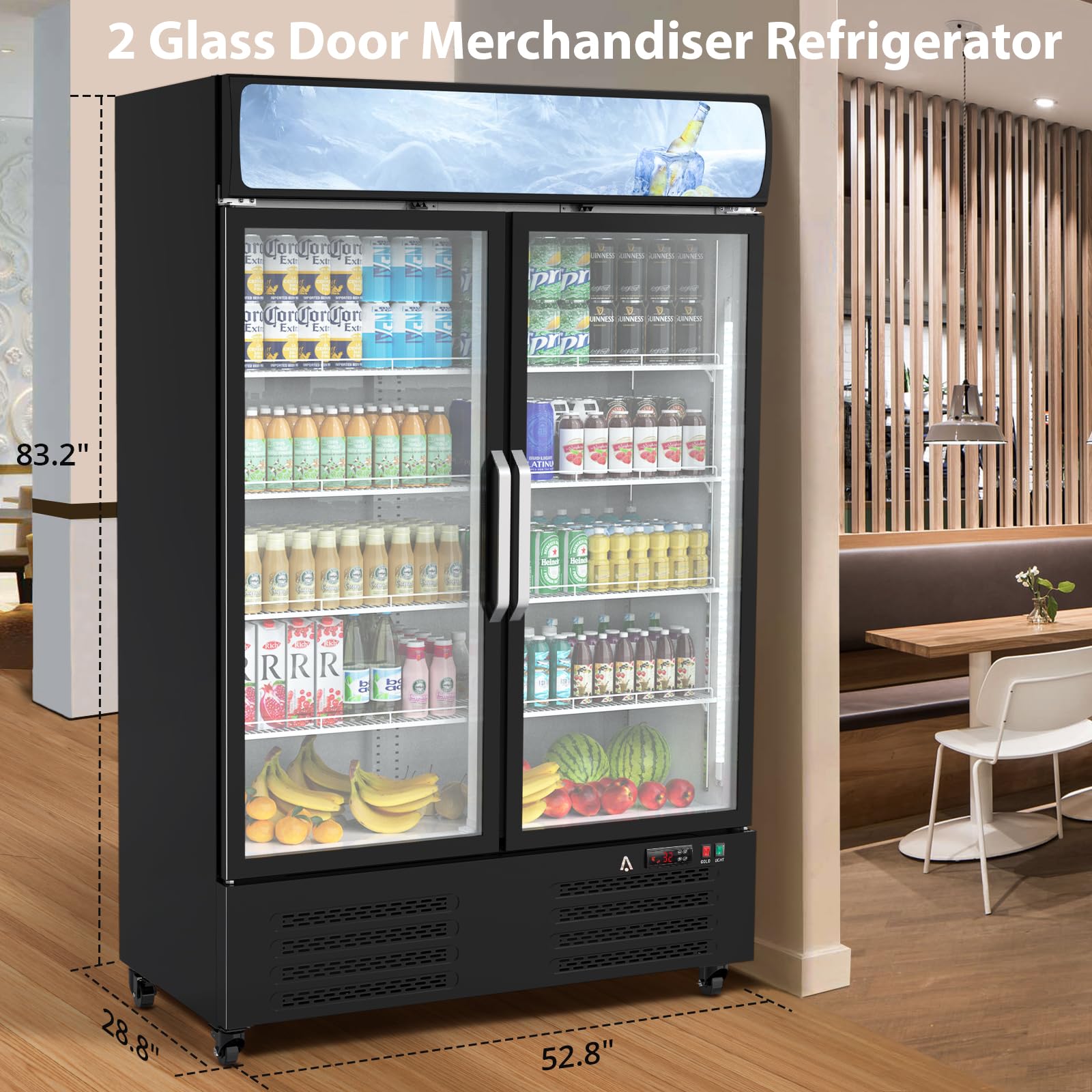 GarveeTech Commercial Refrigerator, Glass Door with LED Lighting - Upright Beverage Display Cooler for Home, Store, Gym, or Office, Featuring Double Swing Doors and 36.3 cu.ft