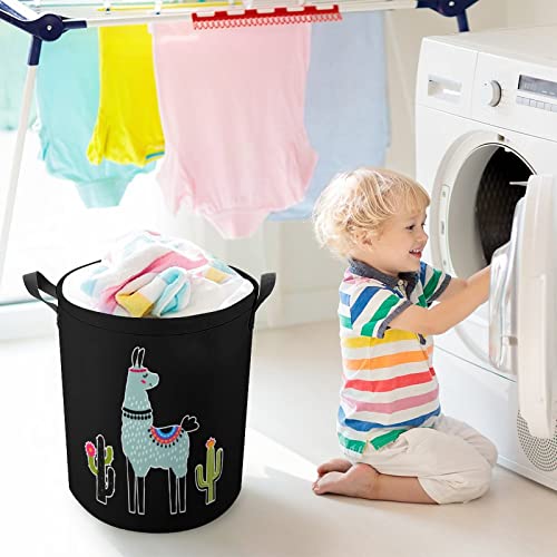 Cute Llama with Cactus Laundry Basket Round Collapsible Storage Bin with Drawstring and Handle for Bedroom Bathroom Toys Room 17.3" X 13.8"