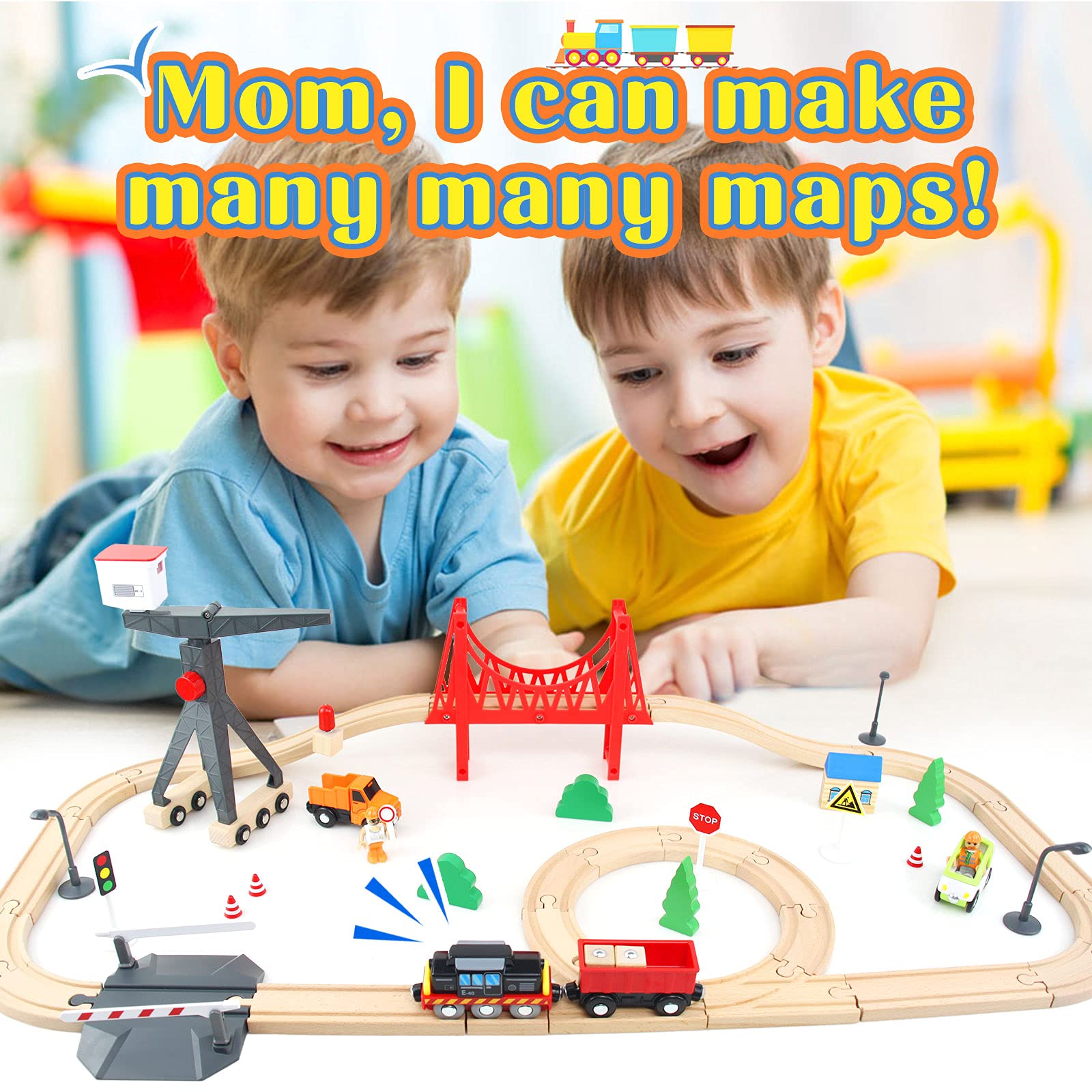 WOOD CITY Wooden Train Set, 56-Piece Deluxe Kids Toy Train Set for 2 3 4 5 Year Old Boy, Cargo-Themed Train Track with Tower Crane & Suspension Bridge - Fits Thomas Brio Chuggington Melissa Orbrium
