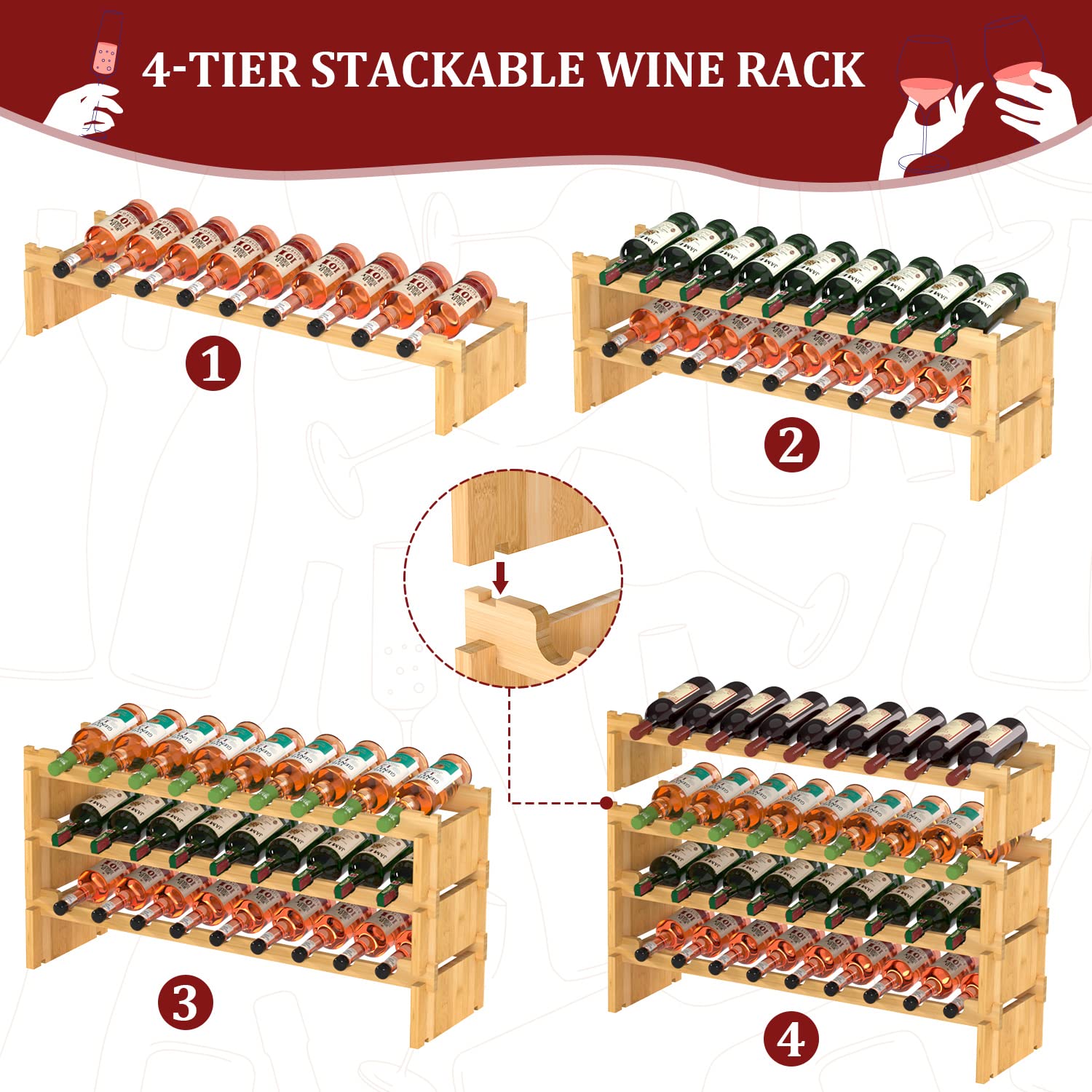 Domax Wine Rack Freestanding Floor - 4 Tiers Stackable Wine Rack 36 Bottle Wine Bottle Holder, Bamboo Wine Holder Wine Storage for Kitchen, Bar, Pantry, Wine Cellar and Countertop (Yellow)