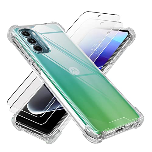 KIOMY Motorola Moto G Stylus 5G 2022 Clear Case with 2pcs Tempered Glass Screen Protectors Hybrid Anti Yellow Hard PC Panel with Flexible TPU Frame Shockproof Bumper Protection Ultra Transparent Cover